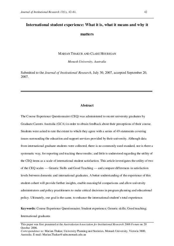 (PDF) International student experience: What it is, what it means and ...