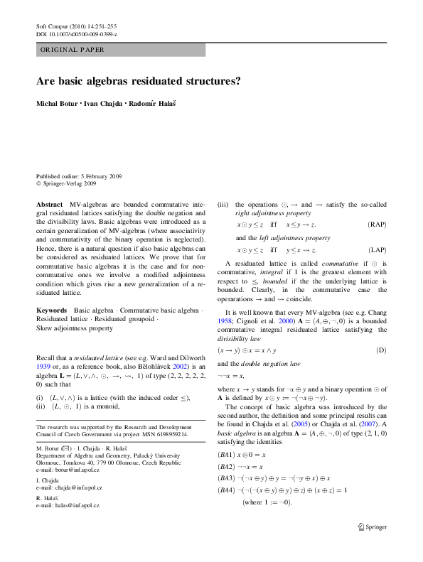 (PDF) Are basic algebras residuated structures?