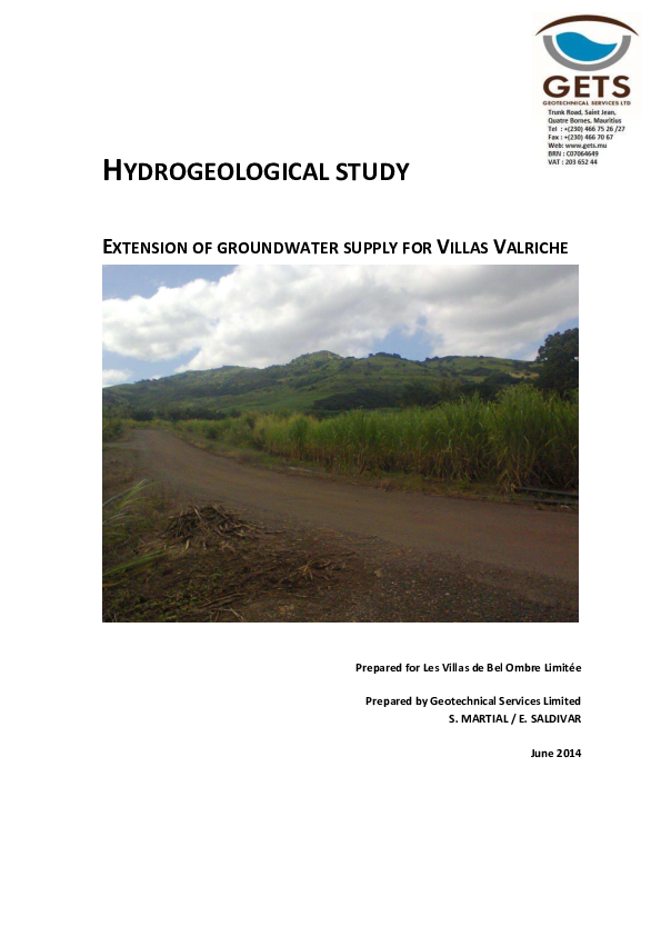 (PDF) Hydrogeological study - extension of groundwater supply for ...