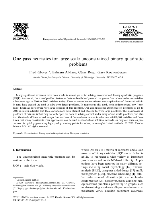 Pdf One Pass Heuristics For Large Scale Unconstrained Binary