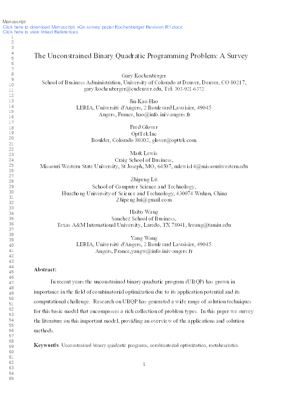 (PDF) The unconstrained binary quadratic programming problem: a survey (PDF) The unconstrained binary quadratic programming problem: a survey