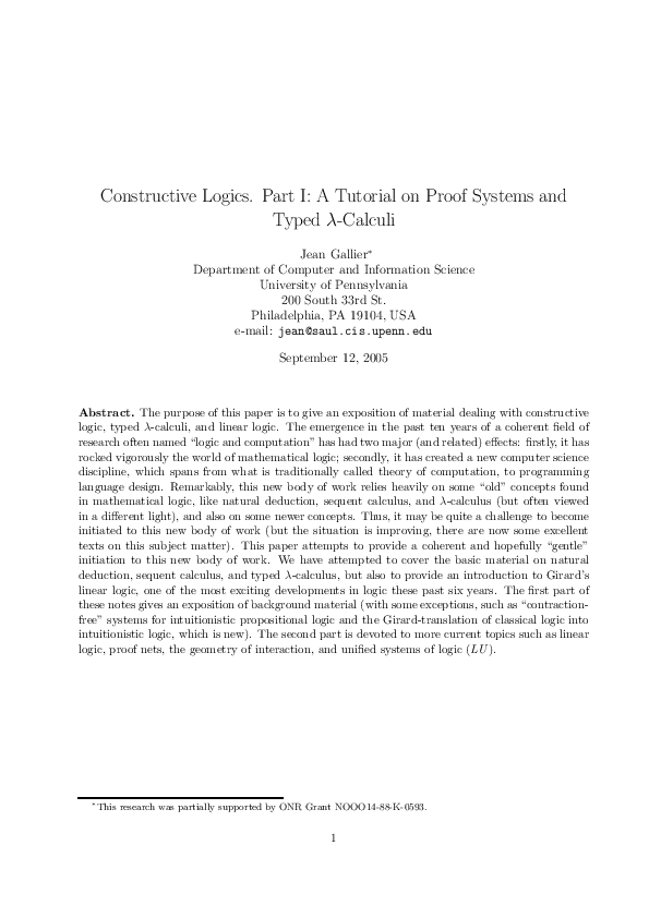 (PDF) Constructive Logics. Part I: A Tutorial on Proof Systems and Typed lambda-Calculi.