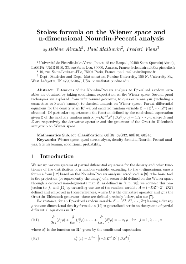 (PDF) Stokes formula on the Wiener space and n-dimensional Nourdin ...