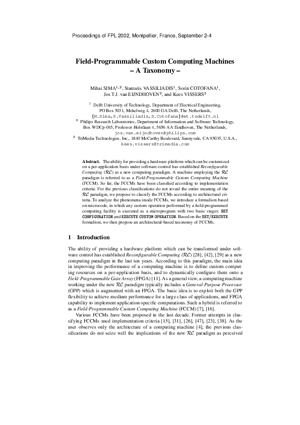 Pdf Field Programmable Custom Computing Machines A Taxonomy