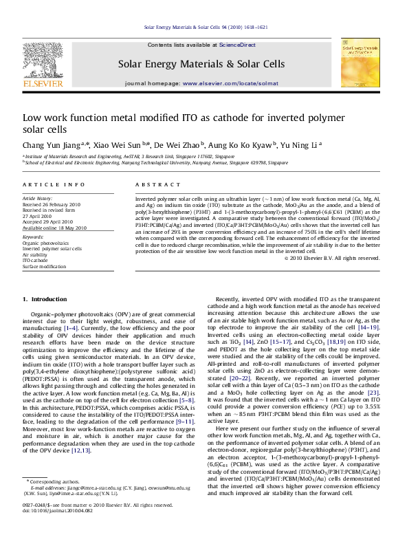 (PDF) Low work function metal modified ITO as cathode for inverted ...