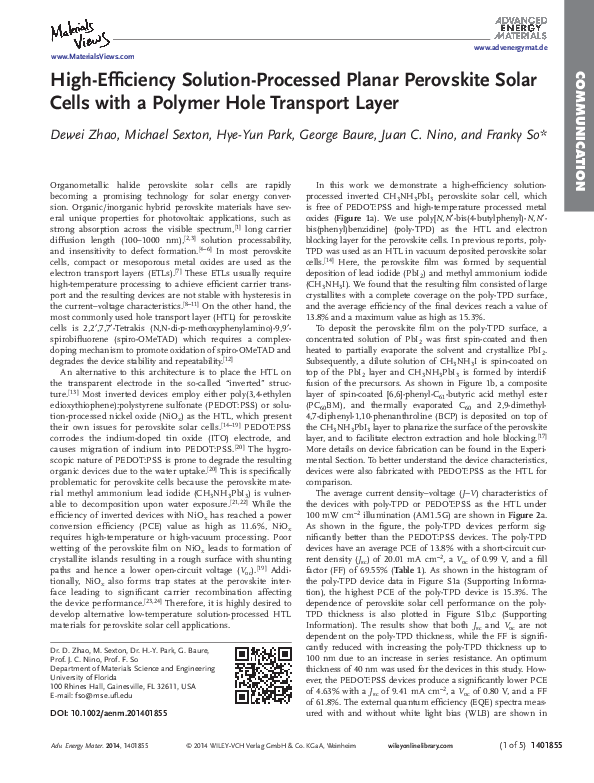 (PDF) High-Efficiency Solution-Processed Planar Perovskite Solar Cells with a Polymer Hole ...