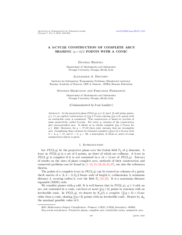(PDF) A 3-cycle construction of complete arcs sharing $(q+3)/2$ points ...