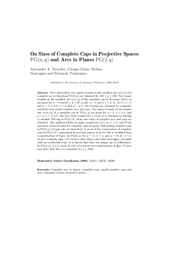Pdf On Sizes Of Complete Caps In Projective Spaces Pgn Q And Arcs In Planes Pg2 Q
