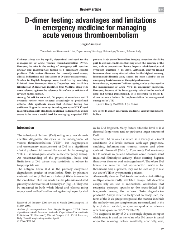 (PDF) D-dimer testing: advantages and limitations in emergency medicine ...
