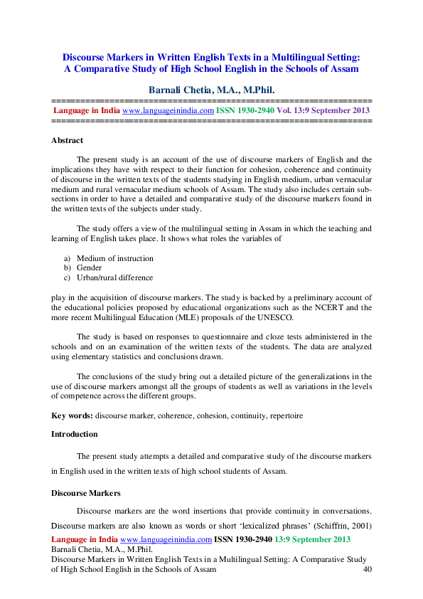 (PDF) Discourse Markers in Written English Texts in a Multilingual ...