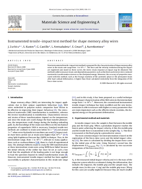 (PDF) Instrumented tensile–impact test method for shape memory alloy wires