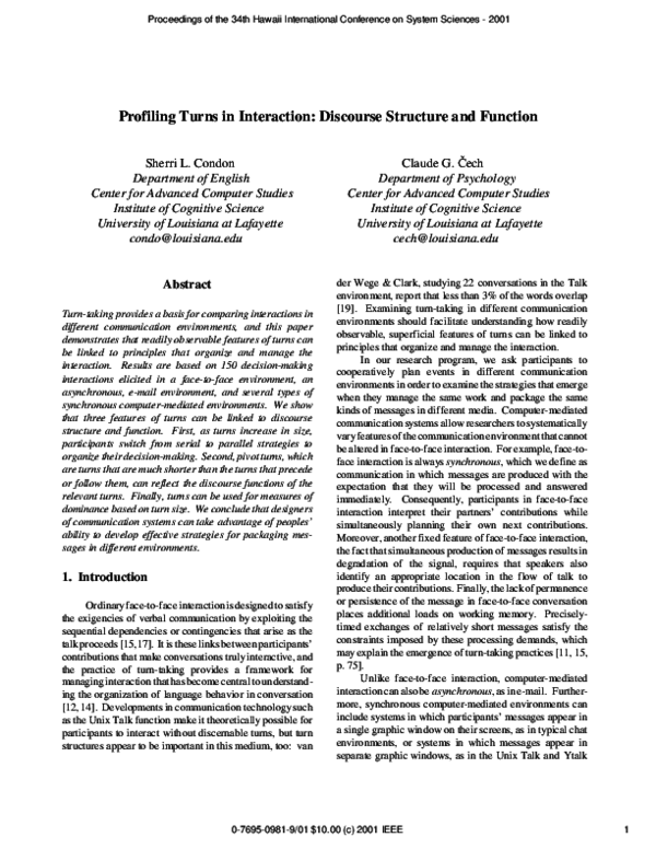 Pdf Profiling Turns In Interaction Discourse Structure And Function