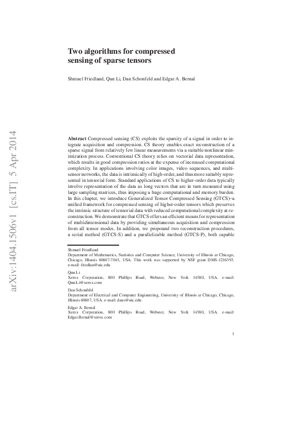 Pdf Two Algorithms For Compressed Sensing Of Sparse Tensors