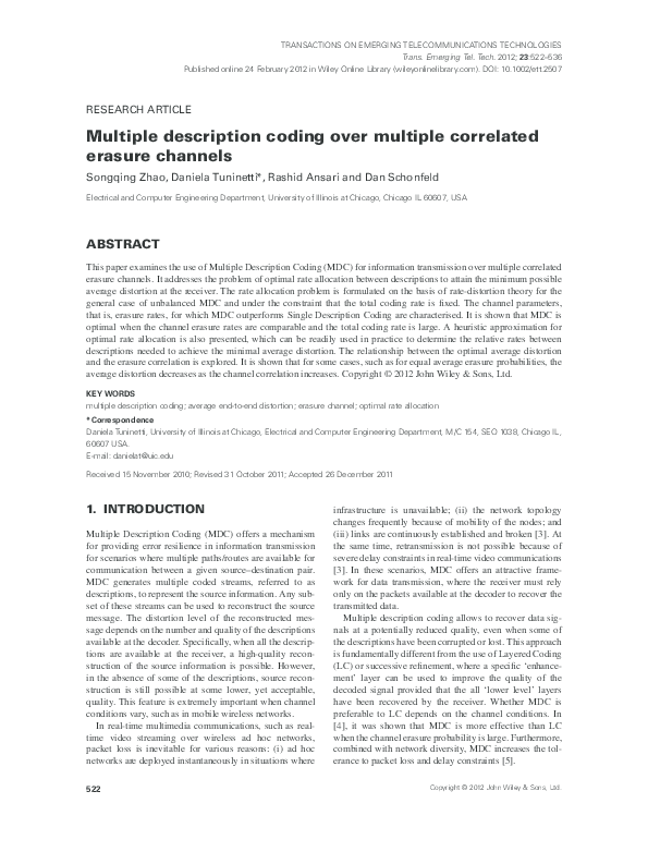 (PDF) Multiple description coding over correlated multipath erasure channels