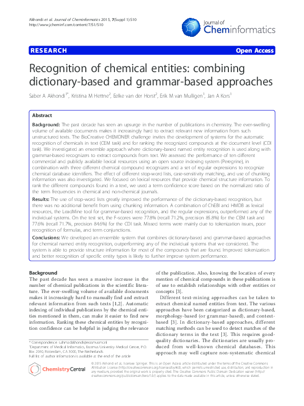 Pdf Recognition Of Chemical Entities Combining Dictionary Based And Grammar Based Approaches