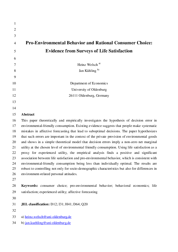 (PDF) Pro-environmental behavior and rational consumer choice: Evidence ...
