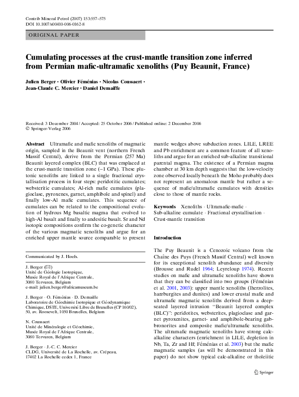Cumulating processes at the crust-mantle transition zone inferred from ...