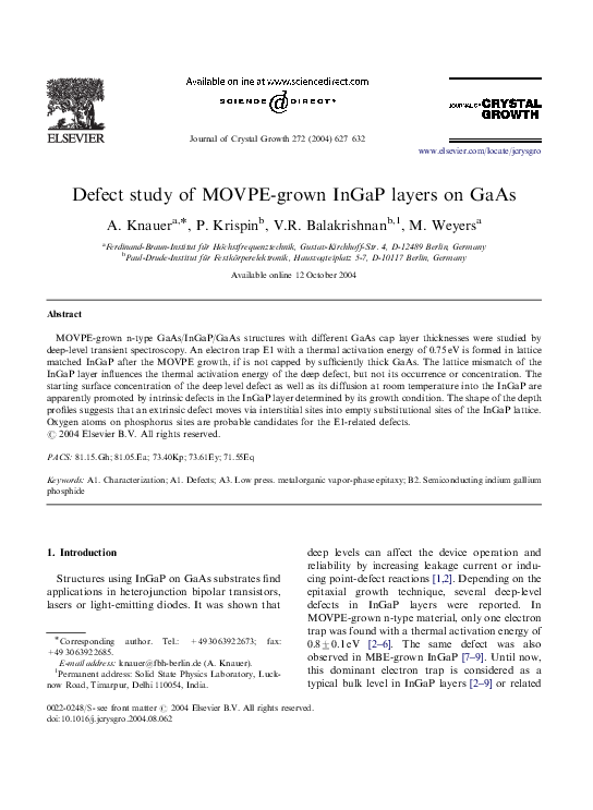 (PDF) Defect study of MOVPE-grown InGaP layers on GaAs