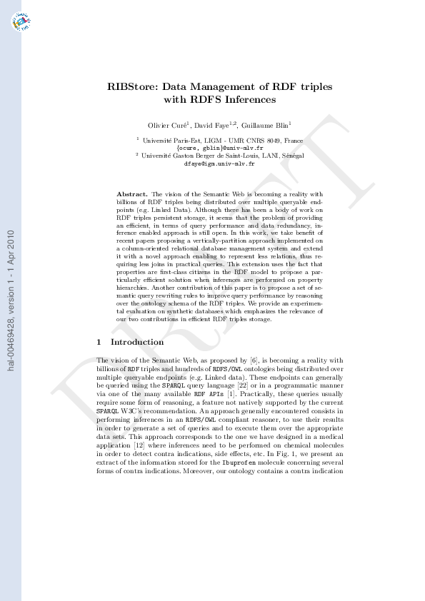 (PDF) RIBStore: Data Management of RDF triples with RDFS Inferences