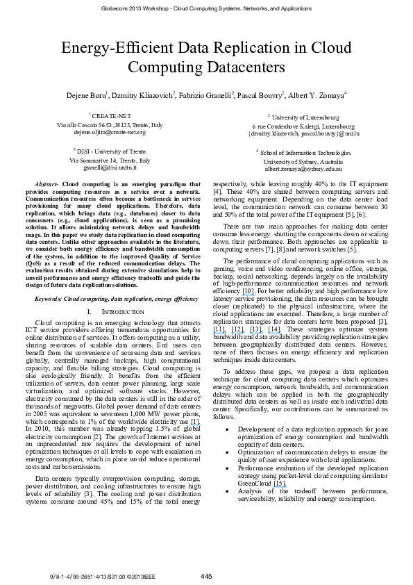 (PDF) Energy-efficient data replication in cloud computing datacenters | Fabrizio Granelli ...
