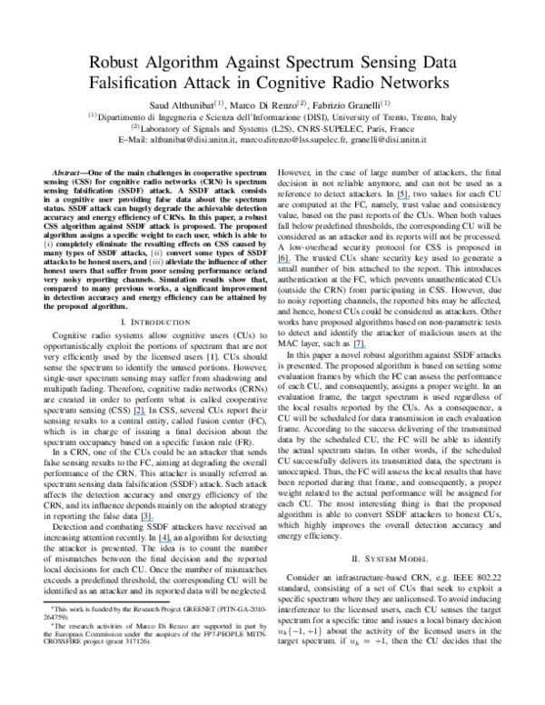 Pdf Robust Algorithm Against Spectrum Sensing Data Falsification
