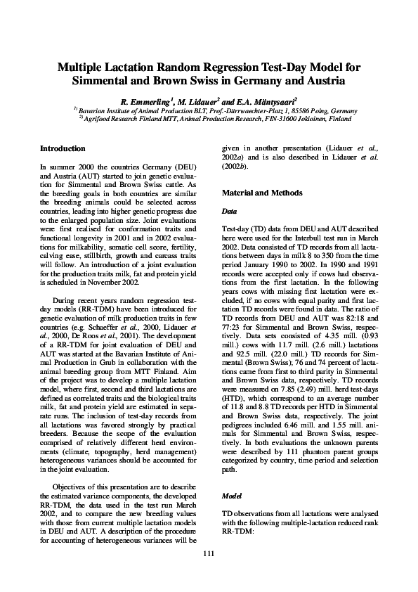 Pdf Multiple Lactation Random Regression Test Day Model For Simmental