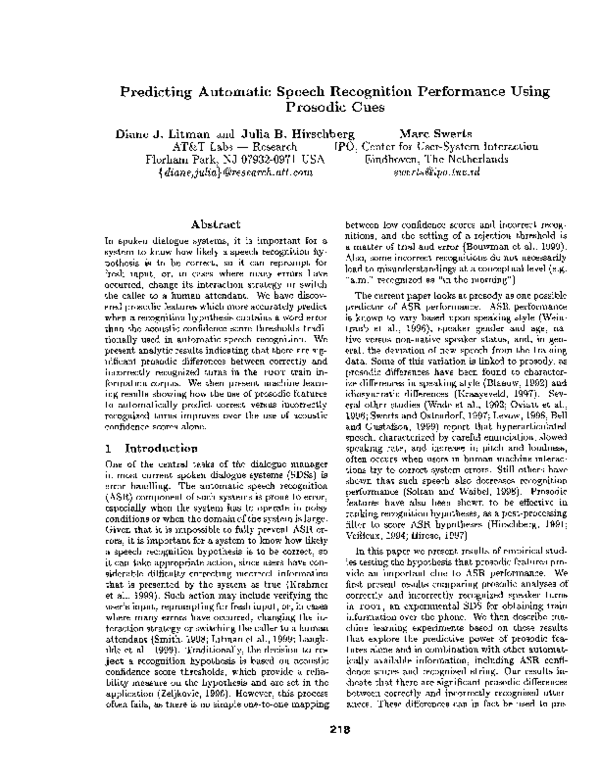(PDF) Predicting automatic speech recognition performance using prosodic cues