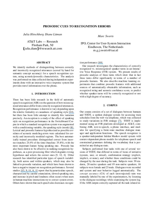 Pdf Generalizing Prosodic Prediction Of Speech Recognition Errors