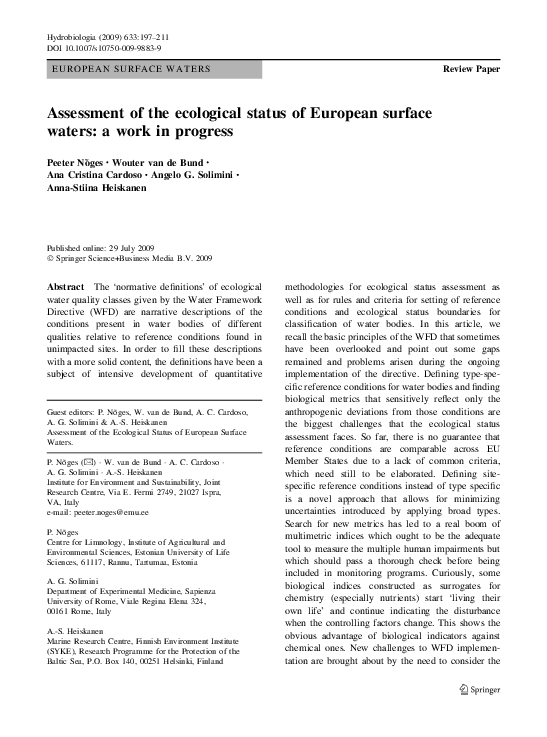 (PDF) Assessment of the ecological status of European surface waters: a ...