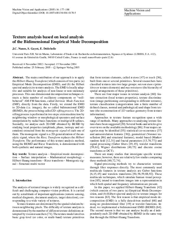 (PDF) Texture analysis based on local analysis of the Bidimensional Empirical Mode Decomposition