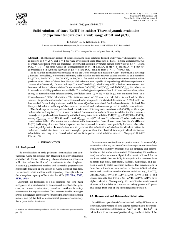 (PDF) Solid solutions of trace Eu(III) in calcite: Thermodynamic ...