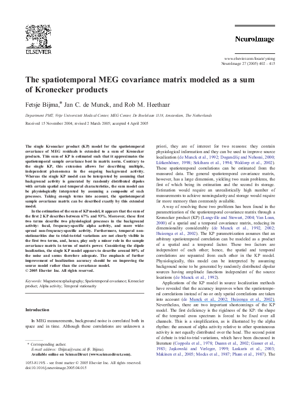 The Spatiotemporal Meg Covariance Matrix Modeled As A Sum Of Kronecker