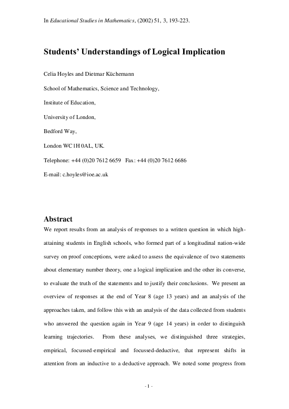 (PDF) Students' understandings of logical implication