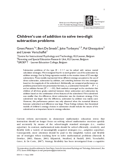 (PDF) Children's use of addition to solve two-digit subtraction problems