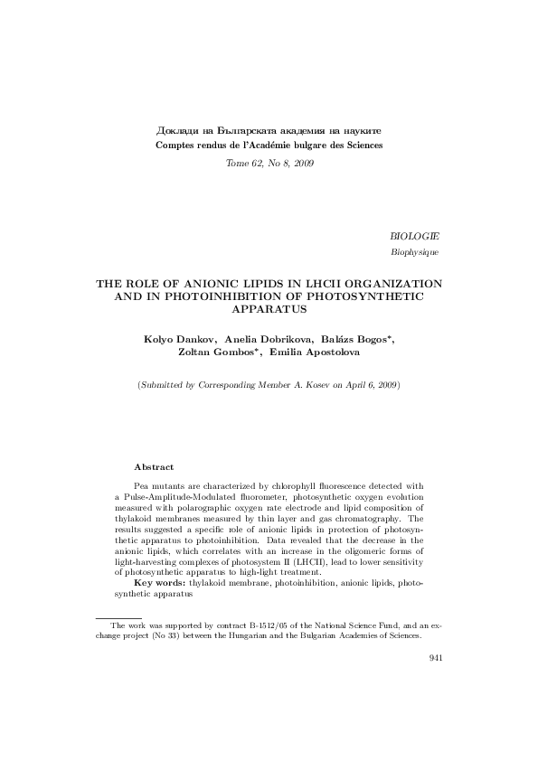 (PDF) The role of anionic lipids in LHCII organization and in ...