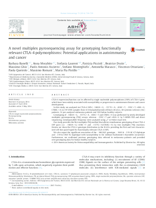 (PDF) A novel multiplex pyrosequencing assay for genotyping functionally relevant CTLA-4 ...