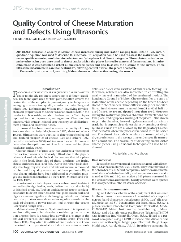 (PDF) Quality Control of Cheese Maturation and Defects Using Ultrasonics