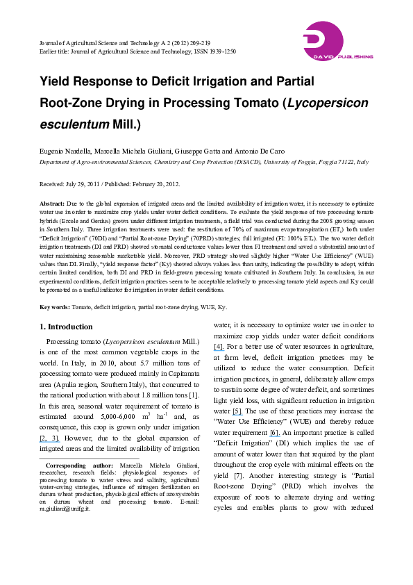 Pdf Yield Response To Deficit Irrigation And Partial Root Zone Drying In Processing Tomato