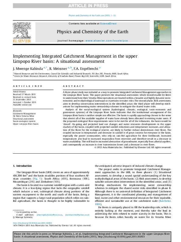 (PDF) Implementing Integrated Catchment Management in the upper Limpopo ...