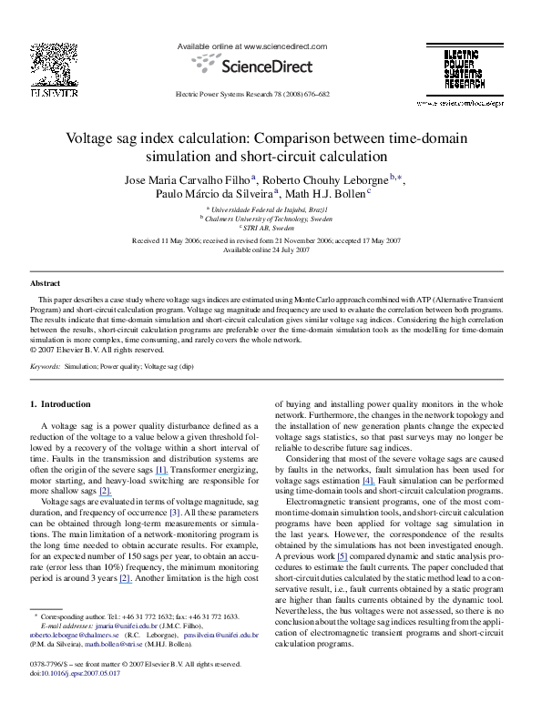 (PDF) Voltage sag index calculation: Comparison between time-domain simulation and short-circuit ...