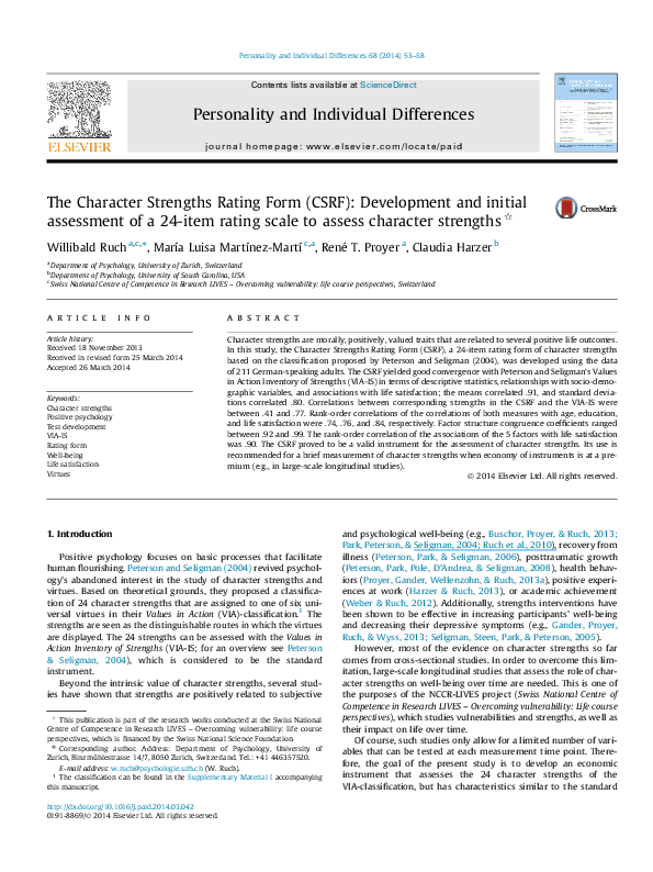 (PDF) The Character Strengths Rating Form (CSRF): Development and ...