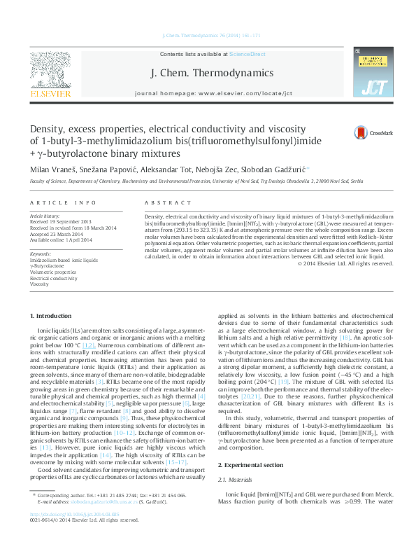 (PDF) Density, excess properties, electrical conductivity and viscosity of 1-butyl-3 ...