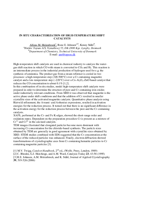 (PDF) D-50 IN SITU CHARACTERIZATION OF HIGH-TEMPERATURE SHIFT CATALYSTS