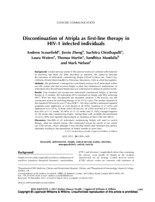 (PDF) Discontinuation of Atripla as first-line therapy in HIV-1 ...