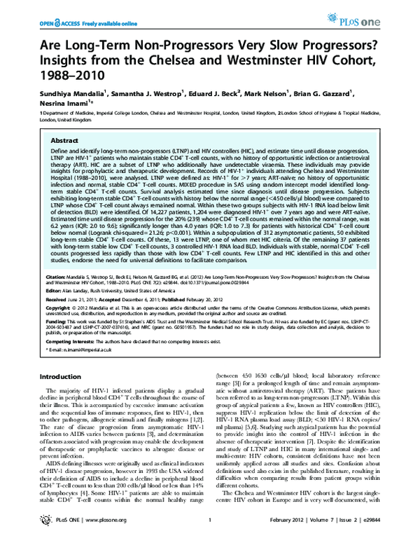 (PDF) Are Long-Term Non-Progressors Very Slow Progressors? Insights ...