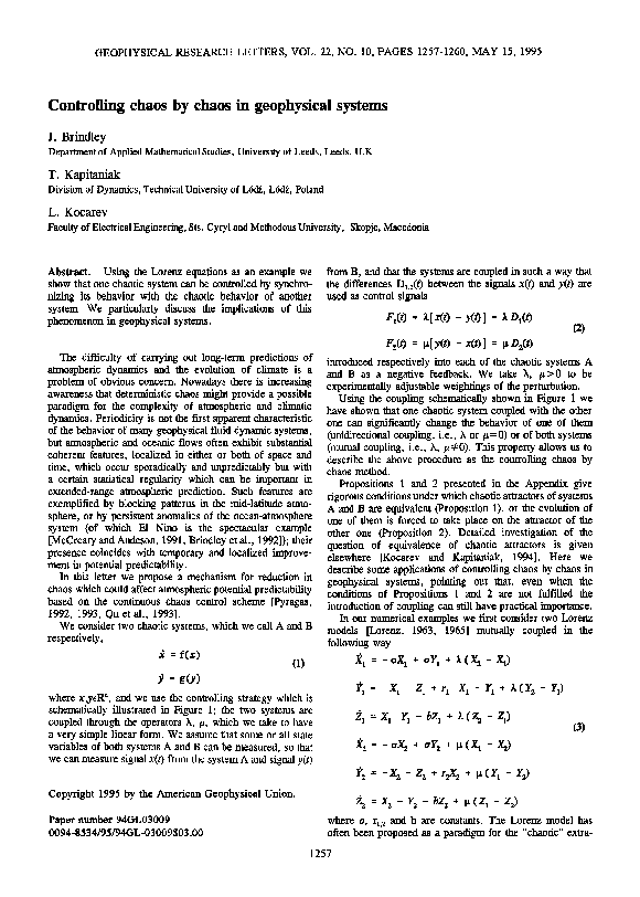 (PDF) Controlling chaos by chaos in geophysical systems