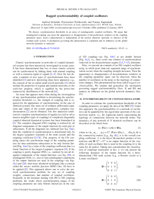 (PDF) Ragged synchronizability of coupled oscillators | Tomasz Kapitaniak - Academia.edu