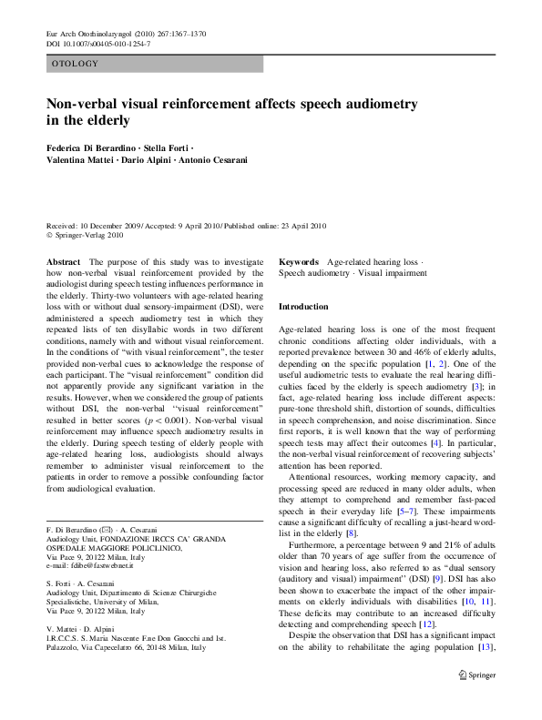 (PDF) Non-verbal visual reinforcement affects speech audiometry in the ...