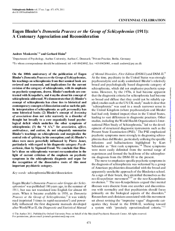 (PDF) Eugen Bleuler's Dementia Praecox or the Group of Schizophrenias ...