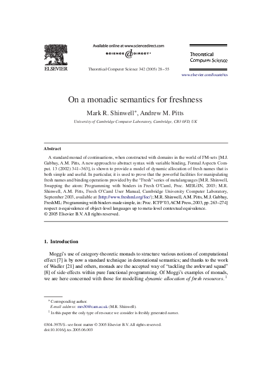 (PDF) On a monadic semantics for freshness